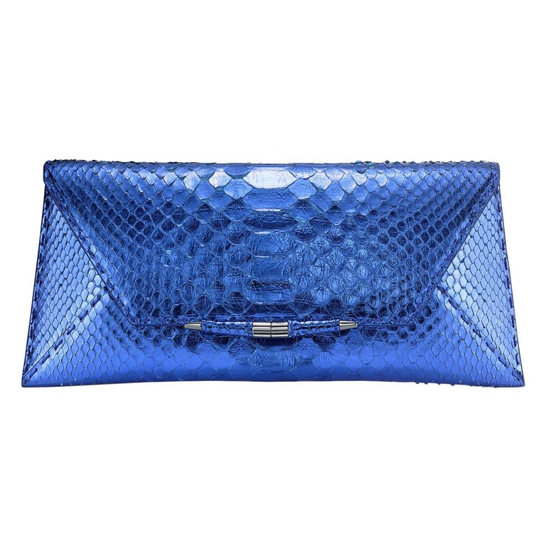 TYLER ELLIS Aimee Clutch Large Metallic Blue Python Gunmetal Hardware ...