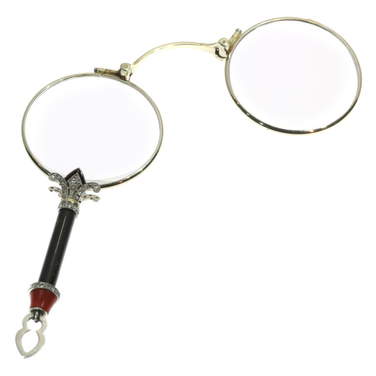 Typical Art Deco Lorgnette or Face a Main with Diamonds Onyx Coral at ...