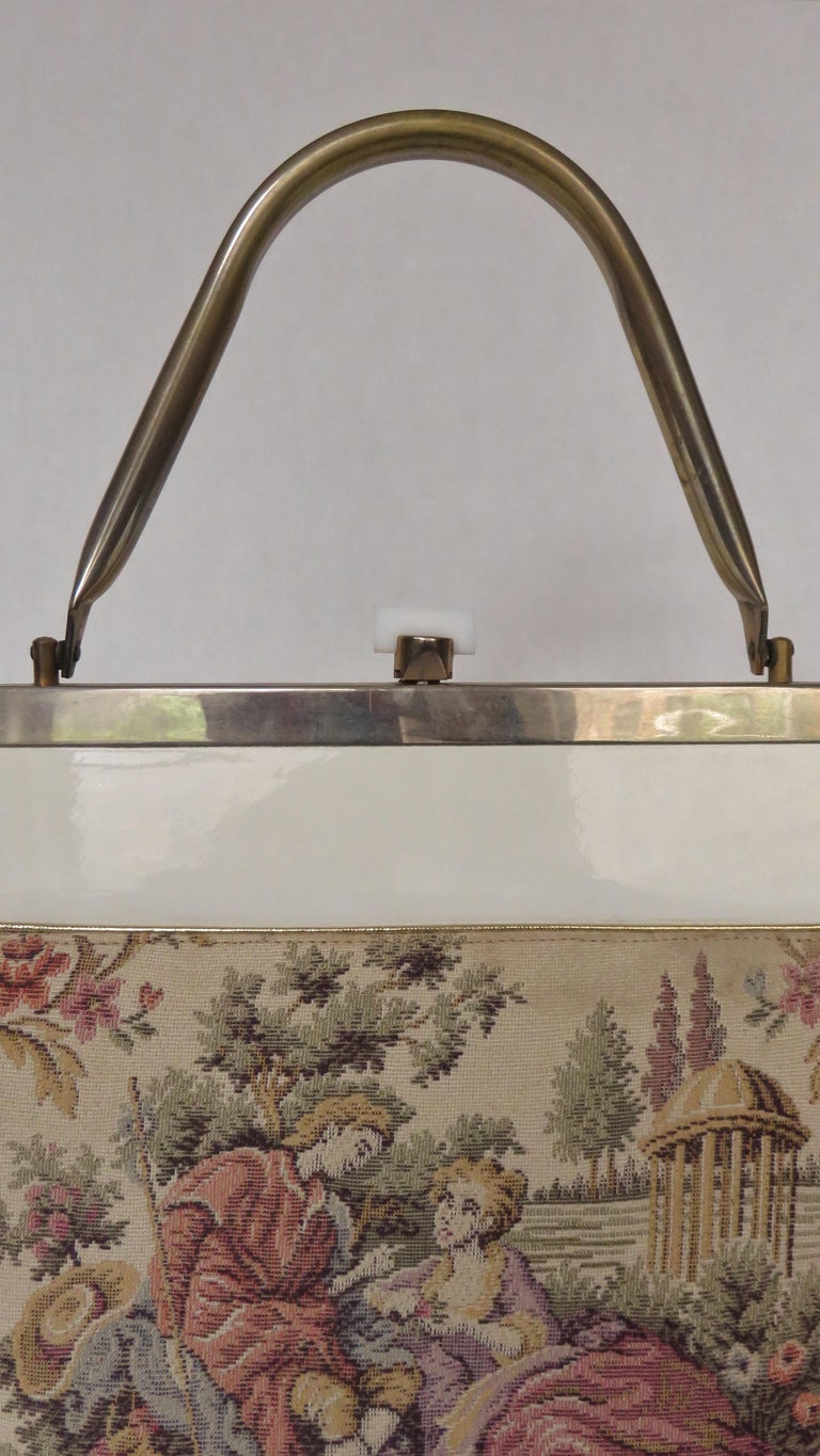 Tyrolean Large White Patent Tapestry Applique Handbag 1960s at 1stDibs