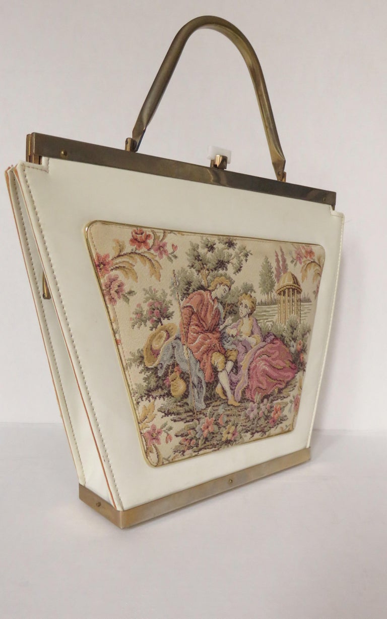 Tyrolean Large White Patent Tapestry Applique Handbag 1960s at 1stDibs