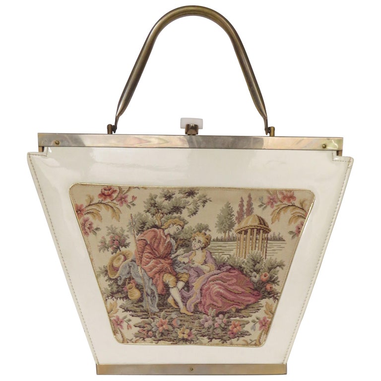 Tyrolean Large White Patent Tapestry Applique Handbag 1960s at 1stDibs