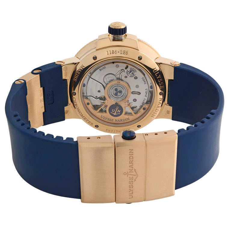 Ulysse Nardin Marine Chronometer 18k Rose Gold Blue Dial Mens Watch 1186-126/43 at 1stDibs