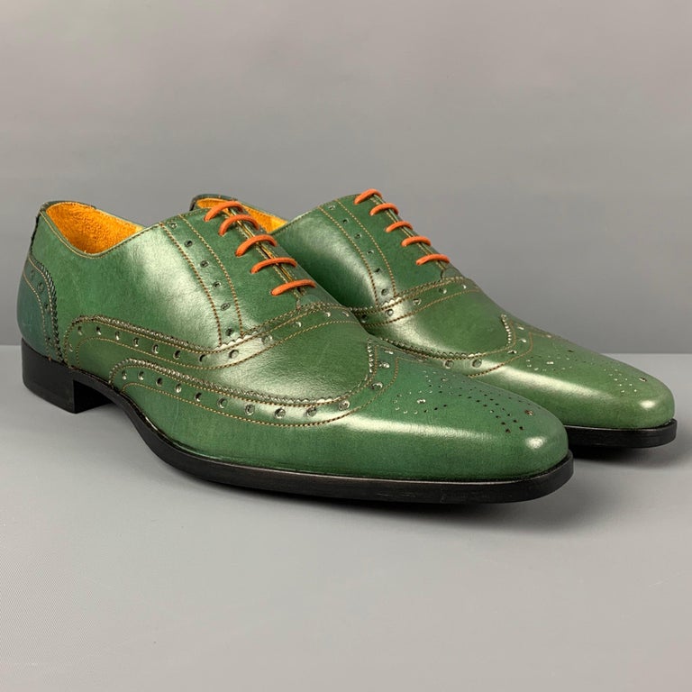 UNDANDY Size 10 Green Perforated Leather Wingtip Lace Up Shoes For Sale ...