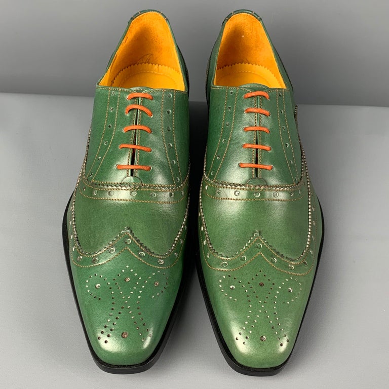 UNDANDY Size 10 Green Perforated Leather Wingtip Lace Up Shoes For Sale ...