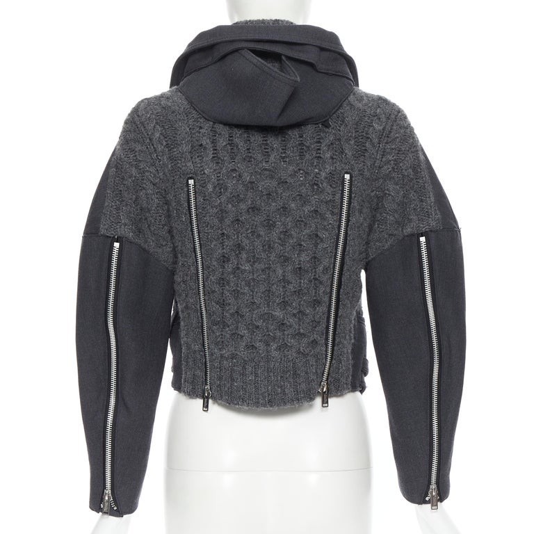 UNDERCOVER grey wool cable knit deconstructed curved sleeve biker ...