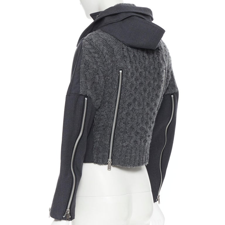 UNDERCOVER grey wool cable knit deconstructed curved sleeve biker ...
