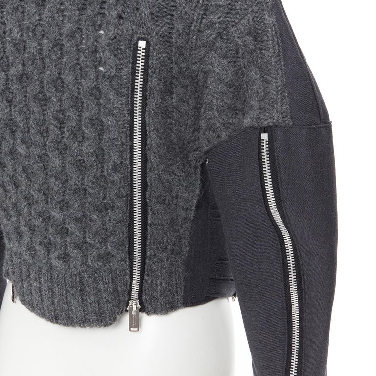 UNDERCOVER grey wool cable knit deconstructed curved sleeve biker ...