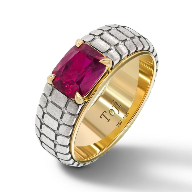 Unheated Men Ruby Ring, 18k White and Yellow Gold and Diamonds Ring For ...