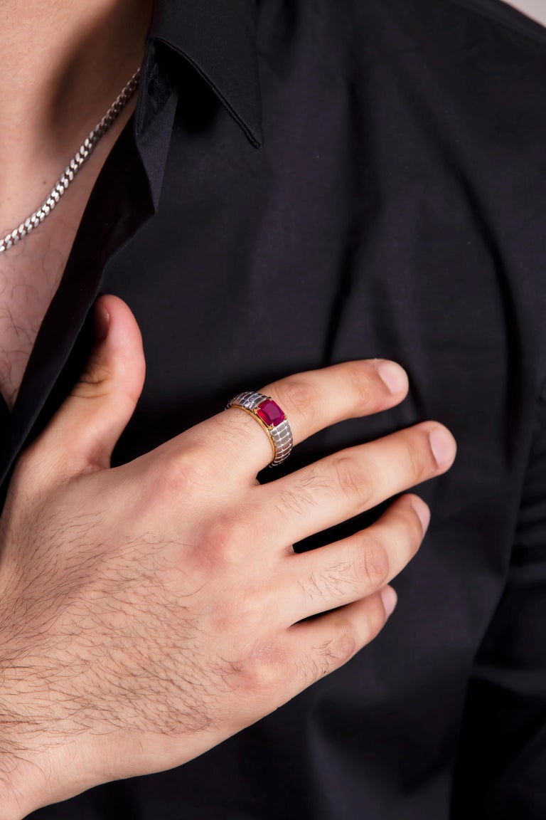 Unheated Men Ruby Ring, 18k White and Yellow Gold and Diamonds Ring For ...