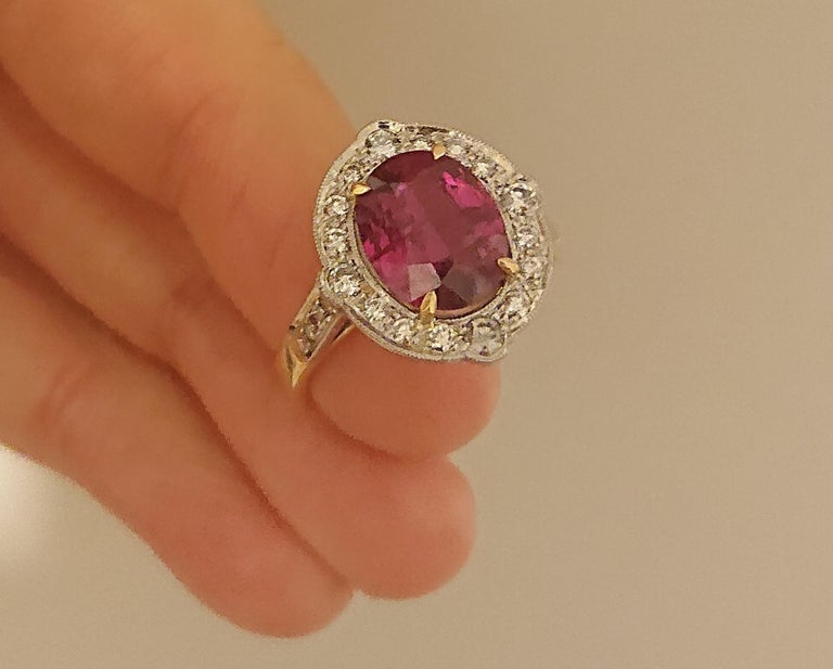 Unheated Natural Thai Ruby, Diamond, 18 Carat Gold and Platinum Cluster ...