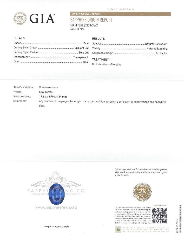 Unheated Platinum Sapphire Ring, 5.59 Carat Ceylon Sapphire GIA Origin ...