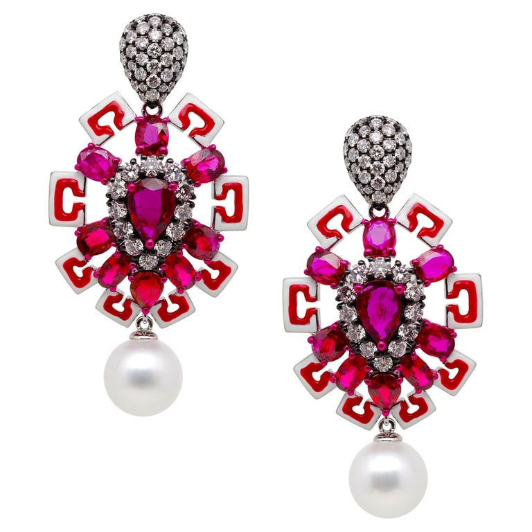 Unheated Ruby, White South Sea Pearl and Diamond Earrings, 18K Gold ...