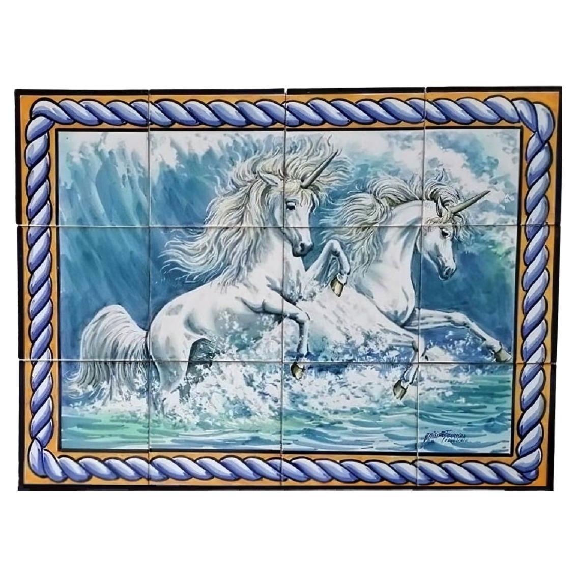 Azulejos Portuguese Hand Painted Ceramic Tile Mural "Unicorns" Signed ...