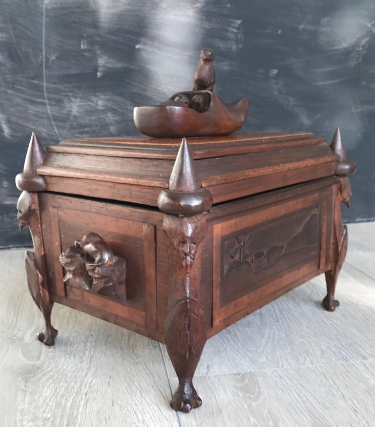 Unique and Antique Hand-Carved Wooden Folk Art Box with Cats, Birds and ...