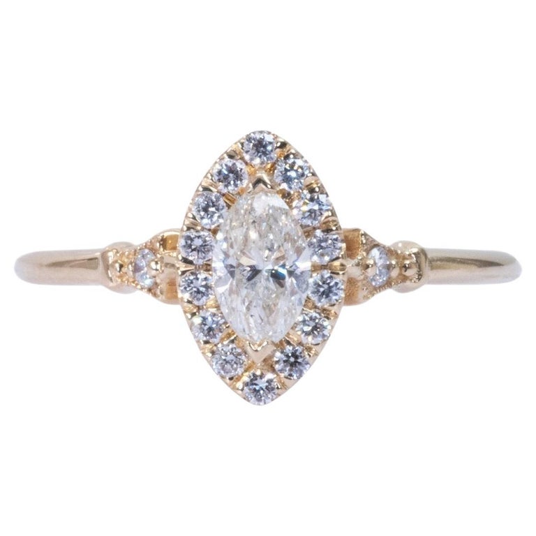 Unique 14k Yellow Gold Halo Ring with 0.45 Ct Marquise Natural Diamonds ...