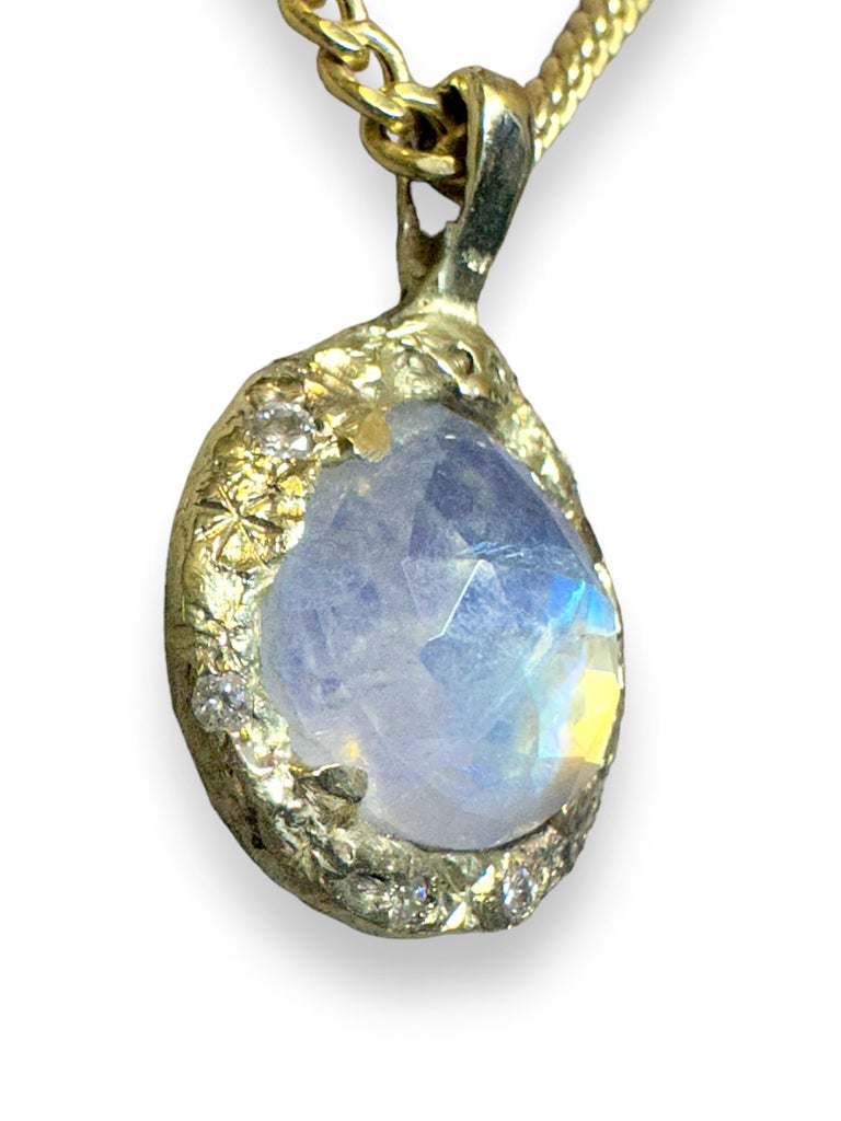 Unique 14k Yellow Gold Moonstone with Diamonds Cuban Chain Necklace For ...