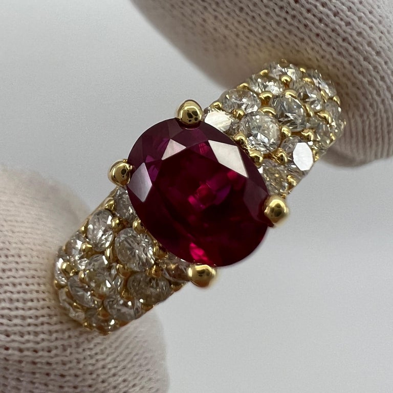 Unique 1.61 Carat Deep Red Ruby Diamond Oval 18k Yellow Gold Cluster ...