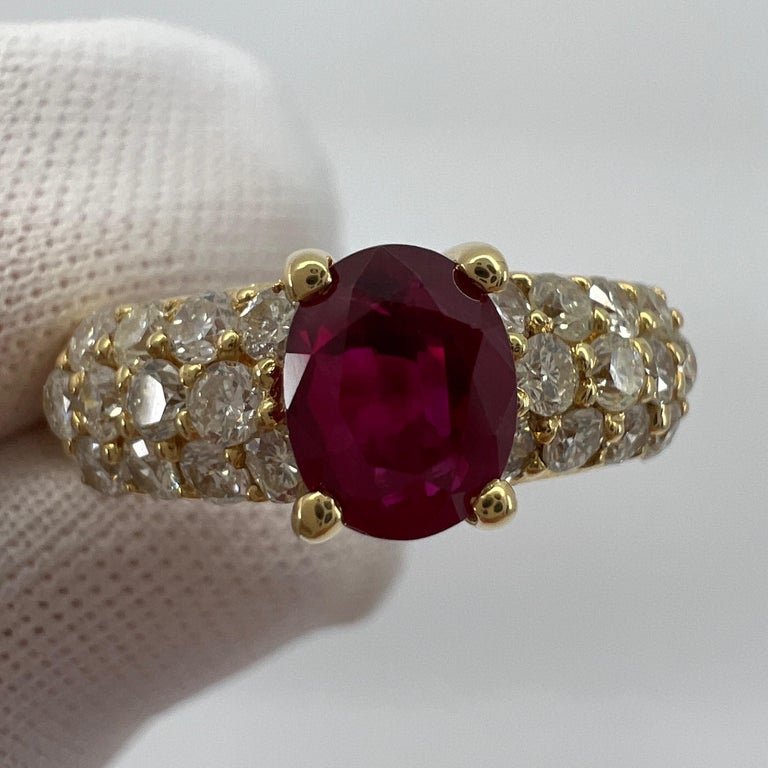 Unique 1.61 Carat Deep Red Ruby Diamond Oval 18k Yellow Gold Cluster ...