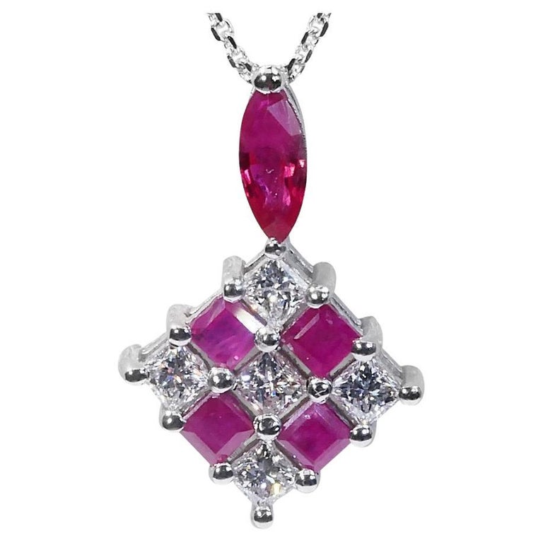 Unique 18 Kt. White Gold Necklace 0.20 Ct Ruby and Natural Diamonds, AIG Cert For Sale at 1stDibs