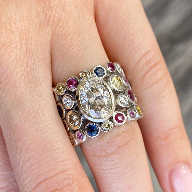 Unique 18k White Gold Bezel Set Oval Diamond Cluster Ring For Sale at ...