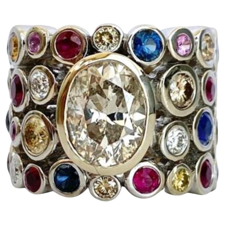 Unique 18k White Gold Bezel Set Oval Diamond Cluster Ring For Sale at ...