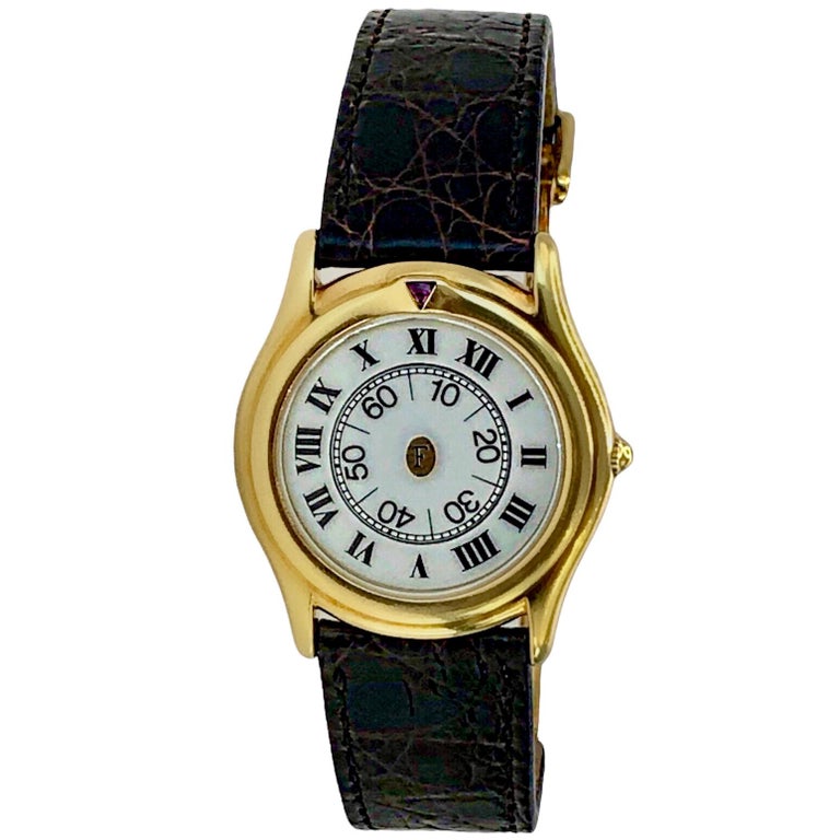 Unique 18K Yellow Gold Faraone Designer Watch with Ruby Marker at 1stDibs