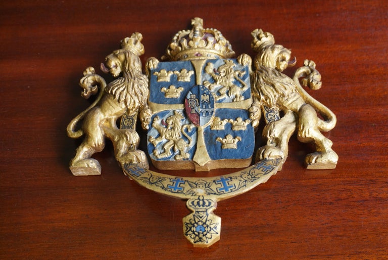 Unique and Antique Hand Carved and Gilt Wooden Coat of Arms or Crest of ...