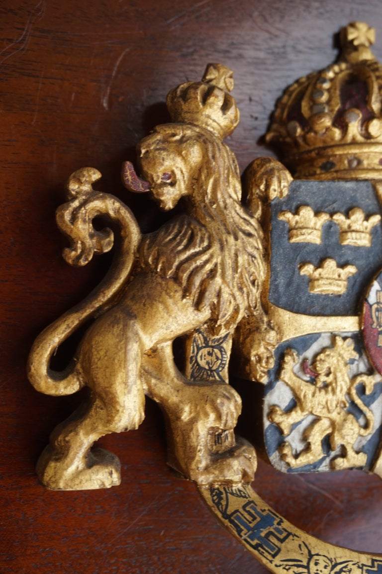 Unique and Antique Hand Carved and Gilt Wooden Coat of Arms or Crest of ...
