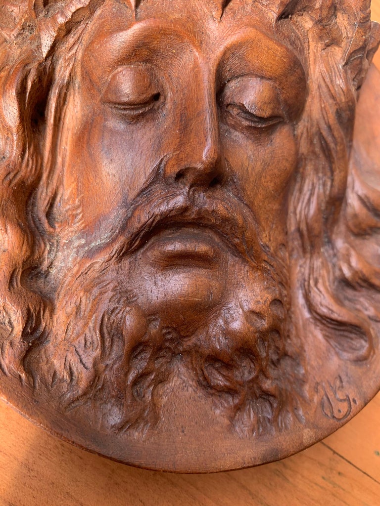 Unique and Finely Hand Carved, 19th Century Christ Mask Medallion ...