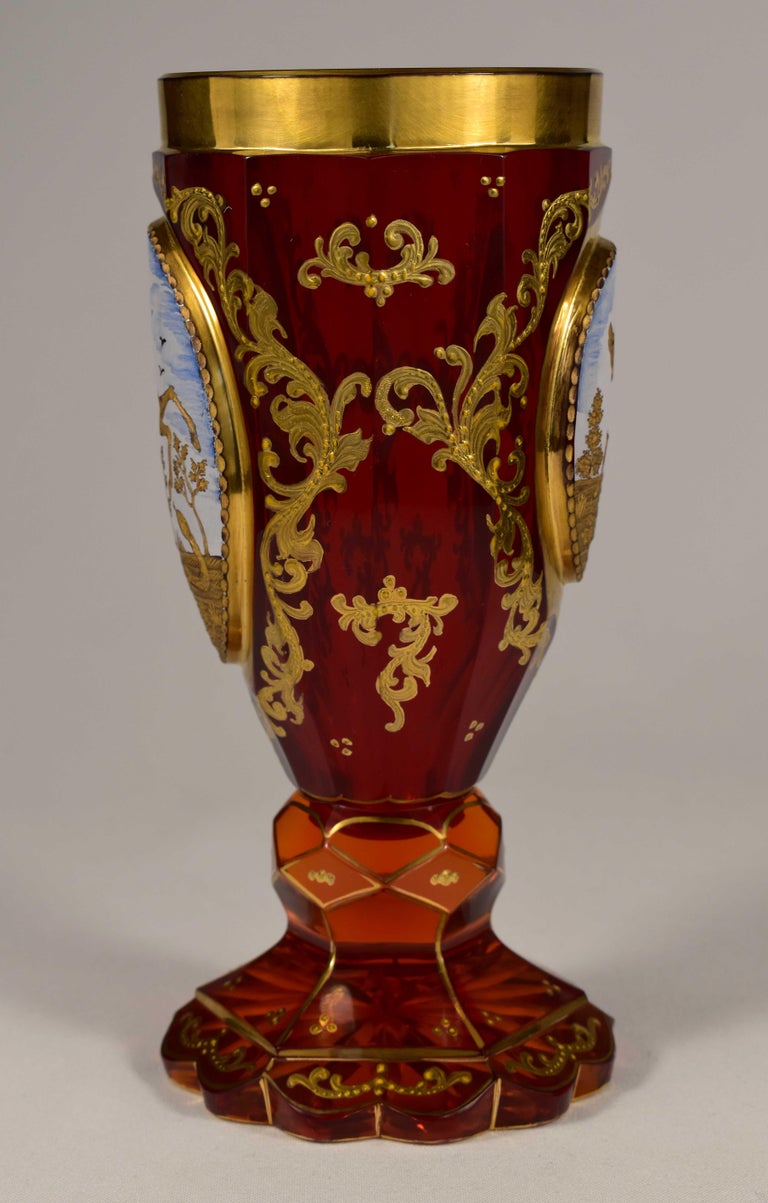 Unique Antique Ruby Goblet, Cut, Engraved, Gilded Bohemian Glass 19-20 ...