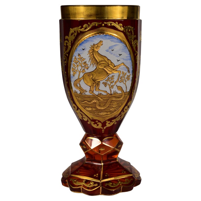 Unique Antique Ruby Goblet Cut Engraved Gilded Bohemian Glass 19 20 Century For Sale At 1stdibs