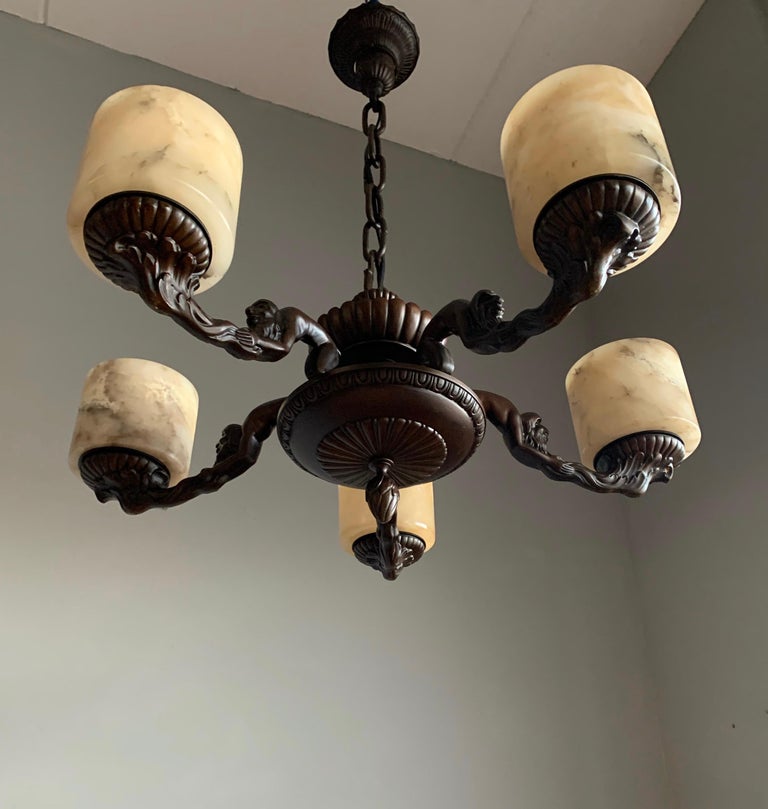Unique Art Deco Alabaster and Bronze Chandelier with Wizard Like ...