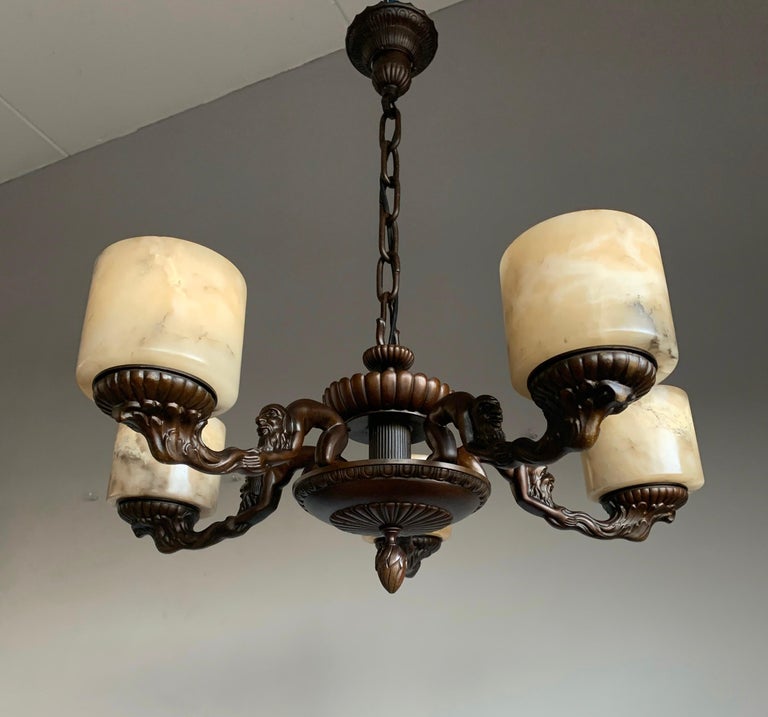 Unique Art Deco Alabaster and Bronze Chandelier with Wizard Like ...