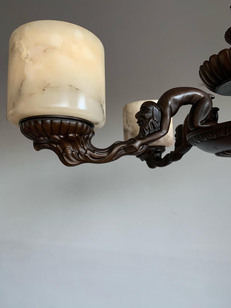 Unique Art Deco Alabaster and Bronze Chandelier with Wizard Like ...