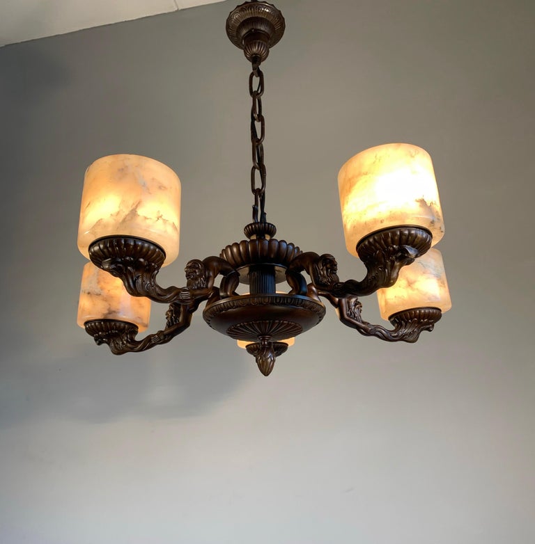 Unique Art Deco Alabaster and Bronze Chandelier with Wizard Like ...