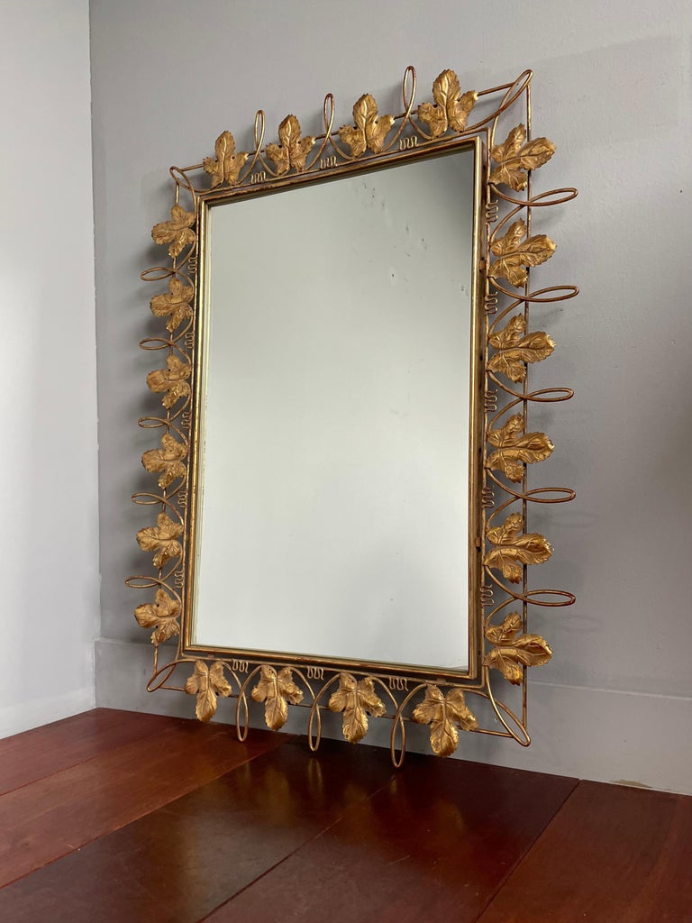 Unique Arts and Crafts Style Wall Mirror w. Gold Painted Grape Leafs ...