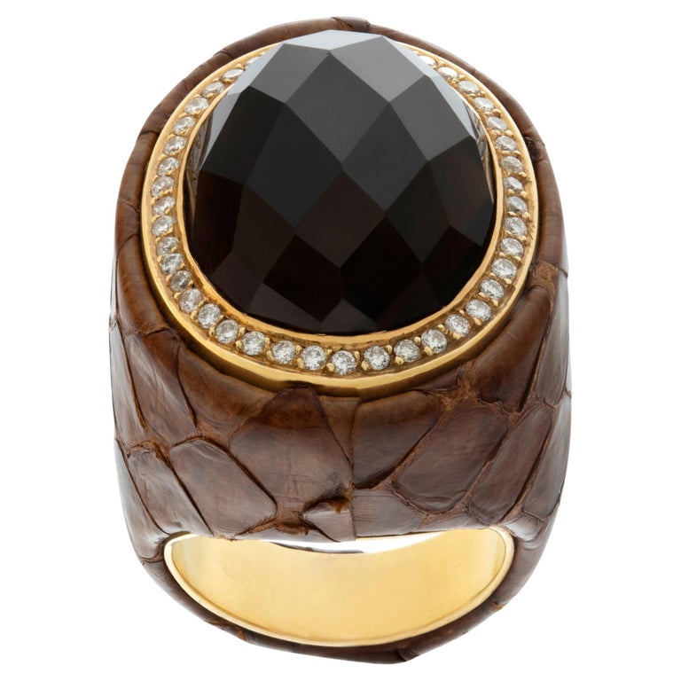 Unique Brown Leather Diamond and Topaz Ring Set in 18k Yellow Gold For ...