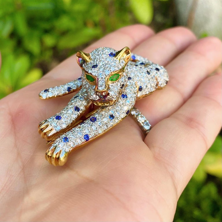 Unique Diamond, Emerald and Sapphire Vintage Leopard Brooch For Sale at ...