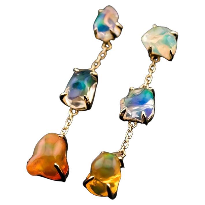 Unique Drop Earrings with Mexican Fire Opal 18K Yellow Gold For Sale at ...