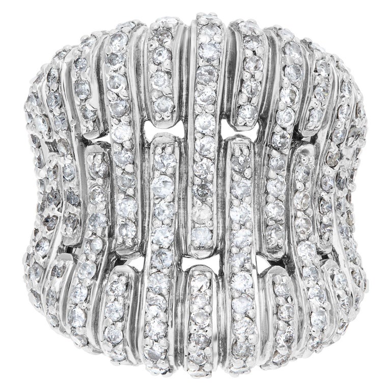 Unique fan design 18k white gold ring with over 1.0 carat in micro pave ...