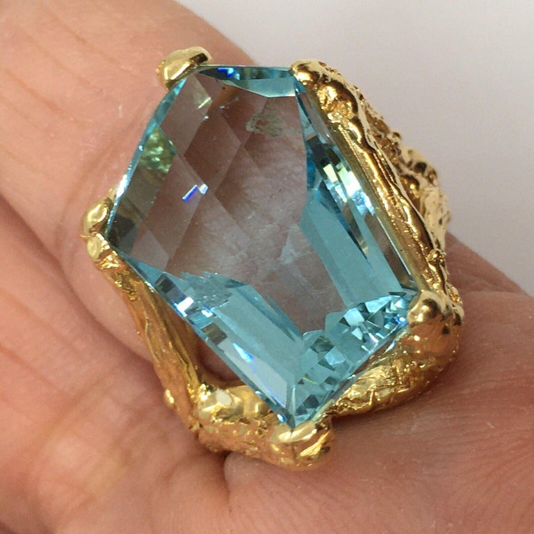 Unique Fancy Shape 14K Gold Natural Aquamarine 1980s Cocktail Ring ...