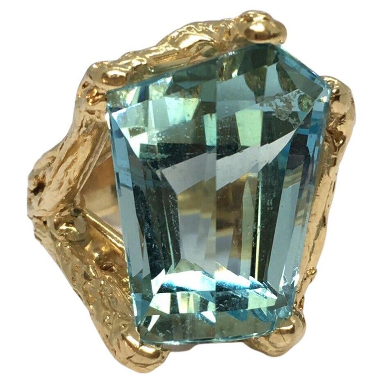 Unique Fancy Shape 14K Gold Natural Aquamarine 1980s Cocktail Ring ...