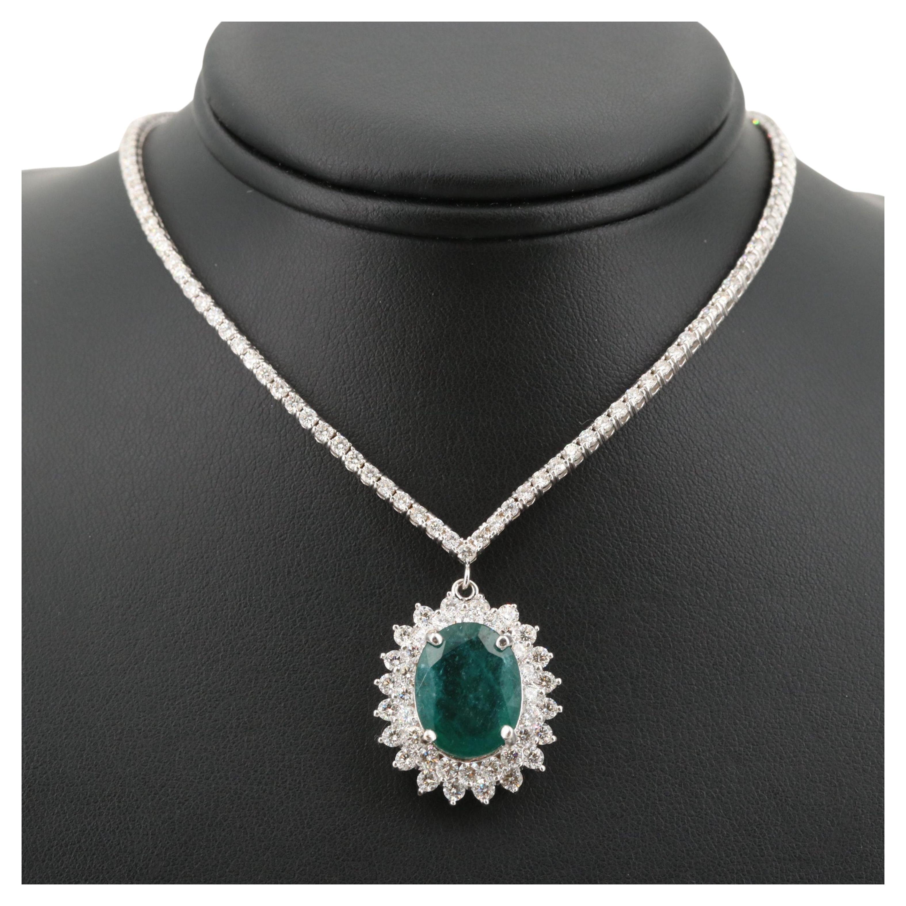 Minimalist Oval Cut Emerald Diamonds Necklace, Natural Emerald For Sale ...