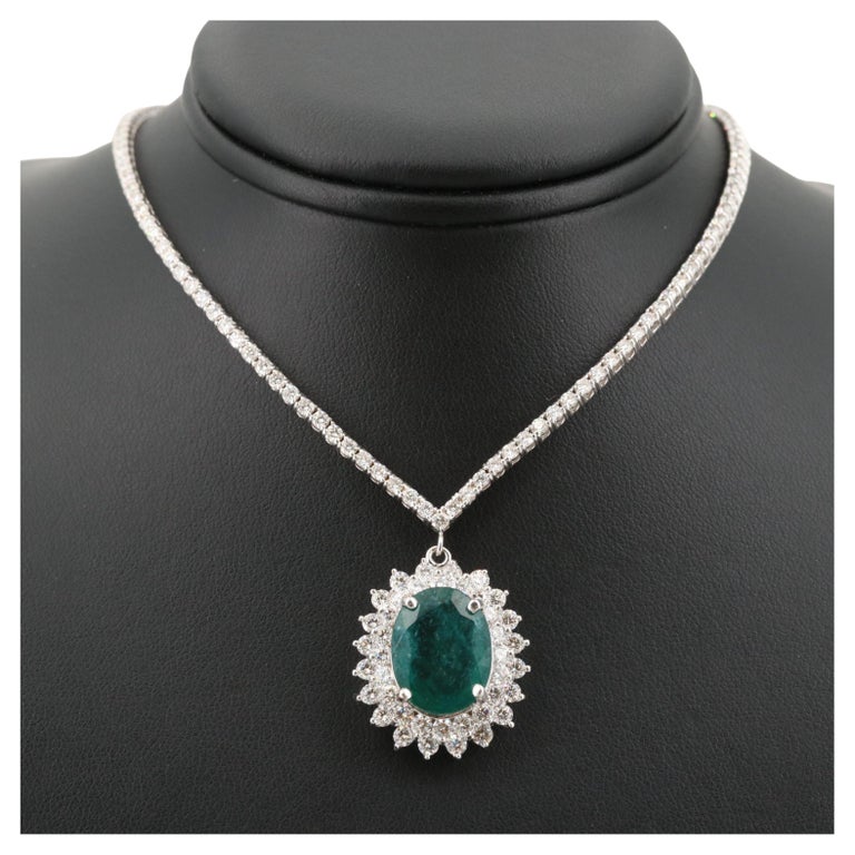 Unique Floral Oval Cut Emerald Diamonds Pendant Necklace, Minimalist ...