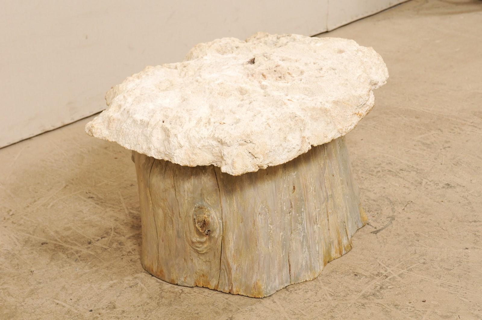 Unique Fossilized Coral Top Coffee Table on Wood Stump Base at 1stDibs ...