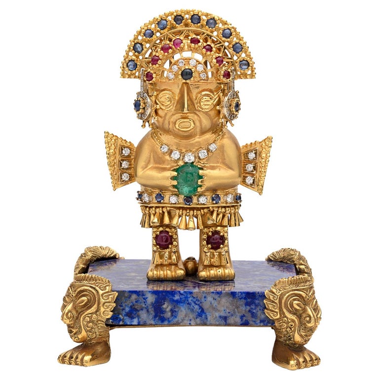 Unique Gem-Set Gold Inca Warrior Brooch with Pedestal at 1stDibs