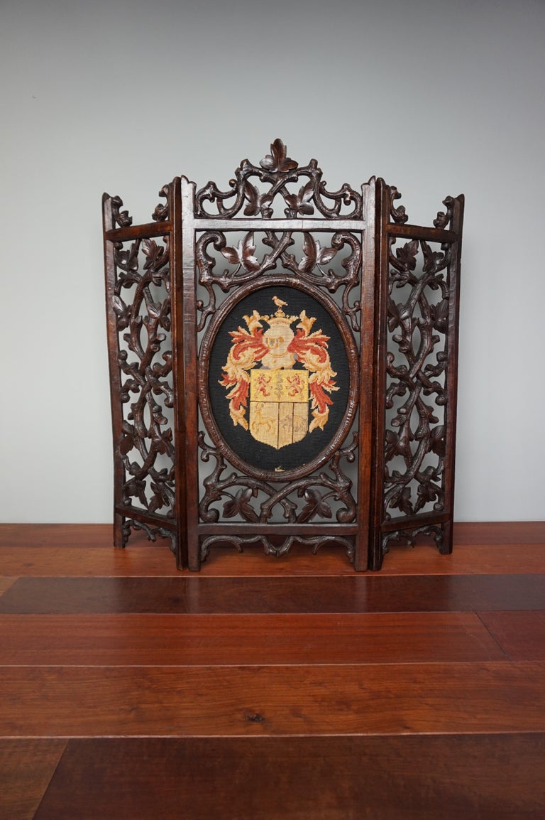 Unique and Hand Carved Antique Black Forest Firescreen w. Knight Helmet ...
