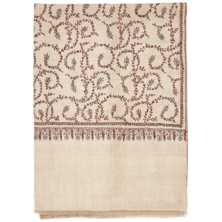 Hand Embroidered 100% Cashmere Shawl in Beige Made in Kashmir India ...