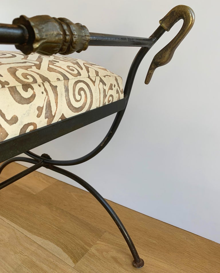 Unique Hand Forged Iron Bench, Cast Bronzed Details, Upholstered in ...