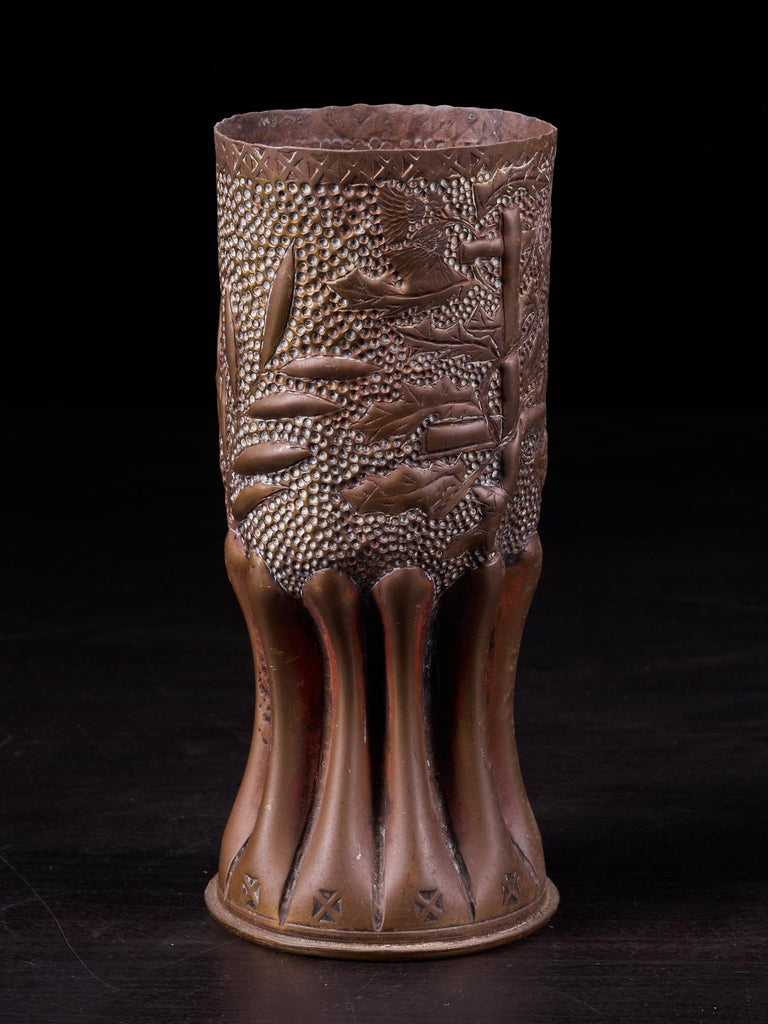 Unique Handmade Engraved Bombshell Brass Vase For Sale at 1stDibs